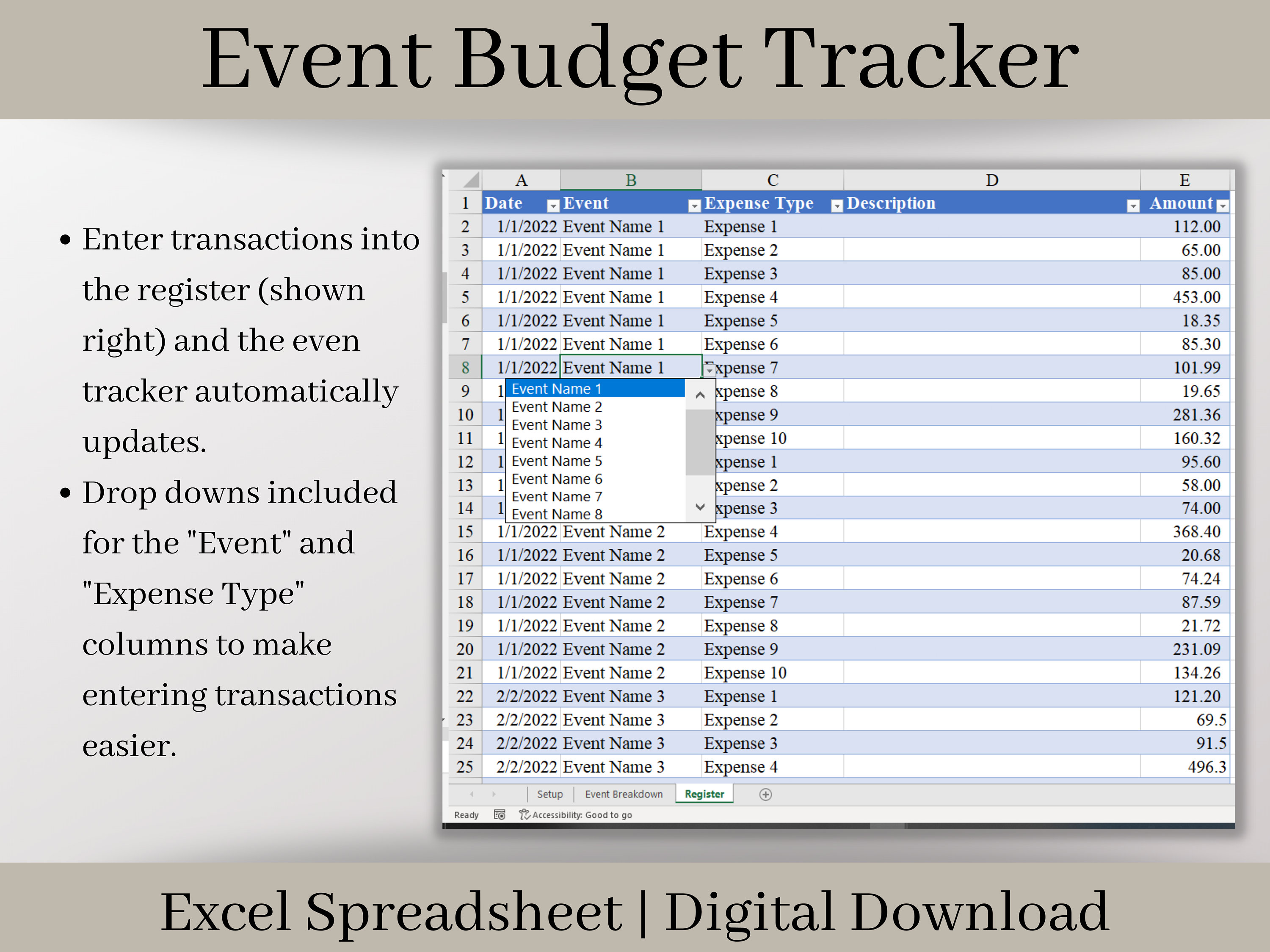 Event Expense Tracker Spreadsheet and Event Planner, Excel Template ...