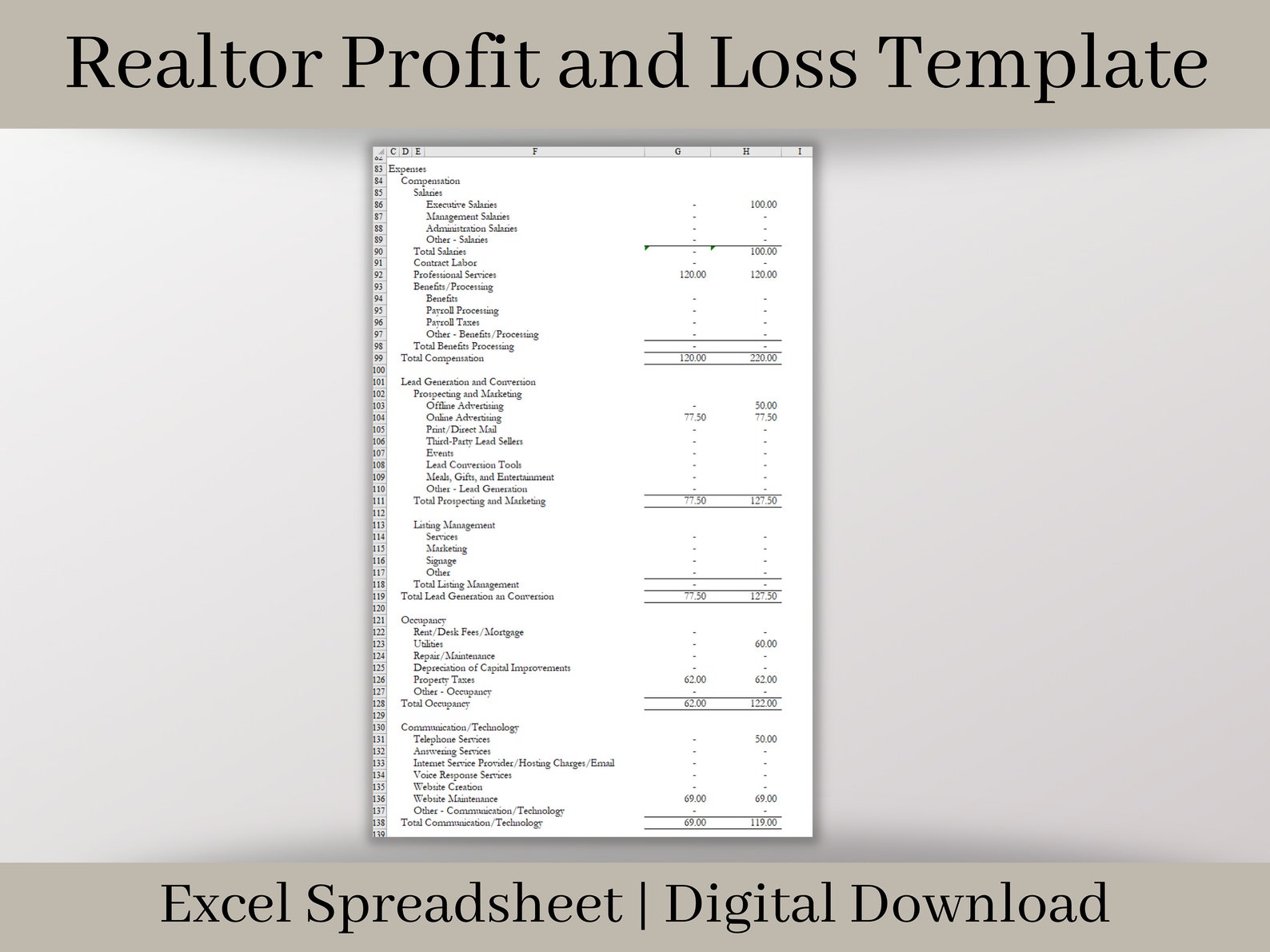 Simple Realtor Automated Profit and Loss Spreadsheet, Easy to Use ...