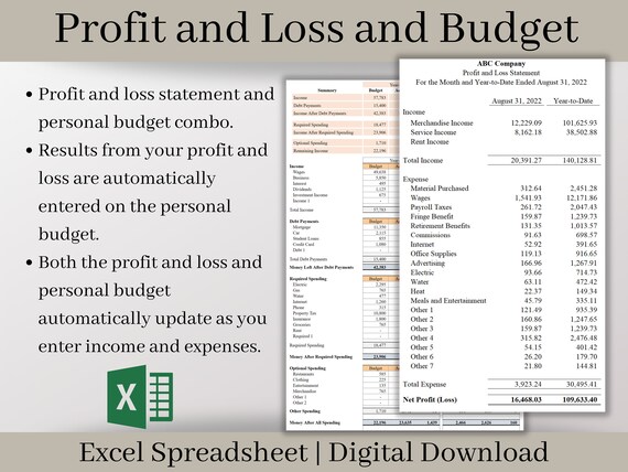Profit and Loss and Monthly Budget Spreadsheet. Excel - Etsy