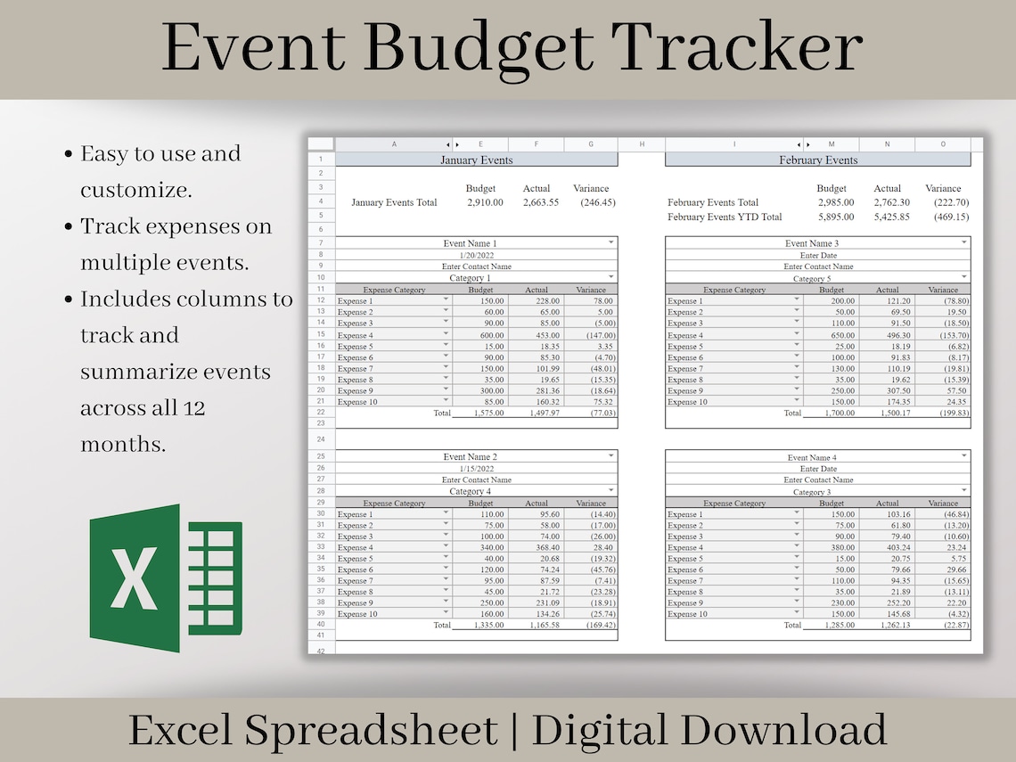 Event Expense Tracker Spreadsheet and Event Planner, Excel Template ...
