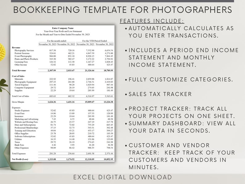 Photographer Bookkeeping Excel Template: Project Tracker (digital ...
