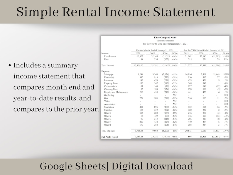 Rental Income Statement Spreadsheet: Landlord Profit & Loss (google ...