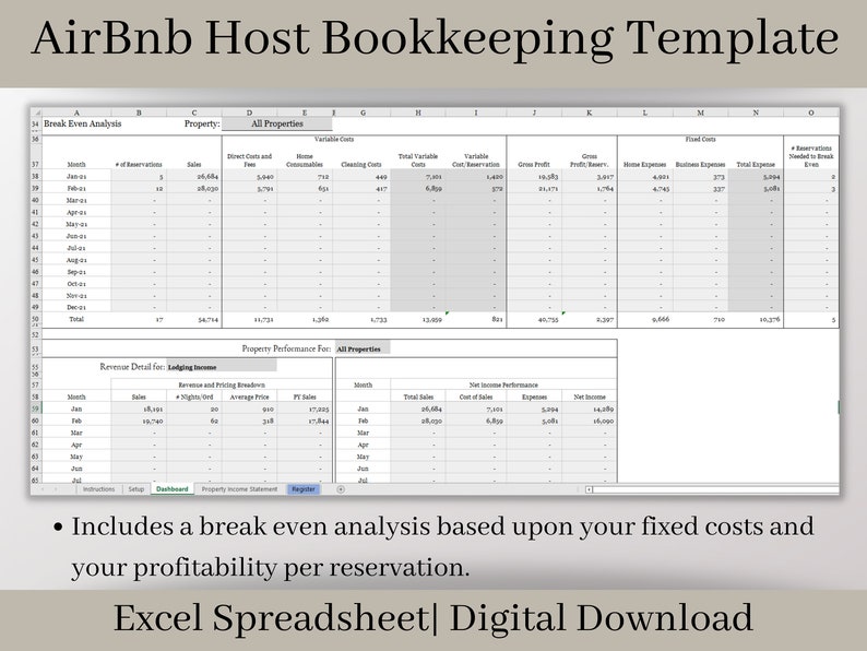 Airbnb Bookkeeping Spreadsheet Excel Template Small Business Etsy