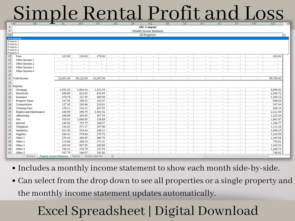 Rental Income Statement Spreadsheet: Landlord Excel Template (digital ...