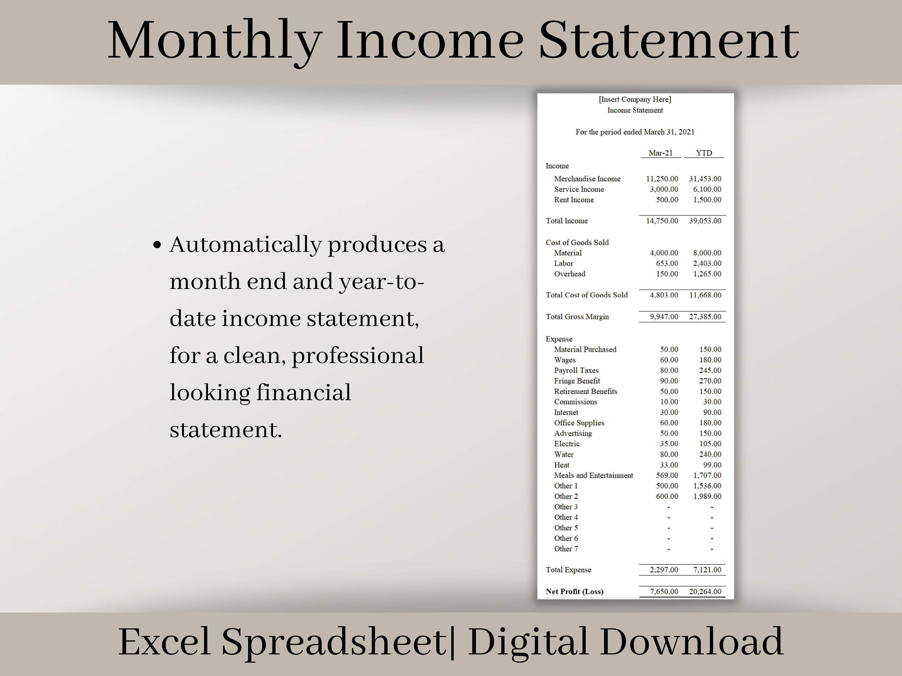 Monthly Income Statement, Monthly Profit and Loss, Easily Fillable and ...