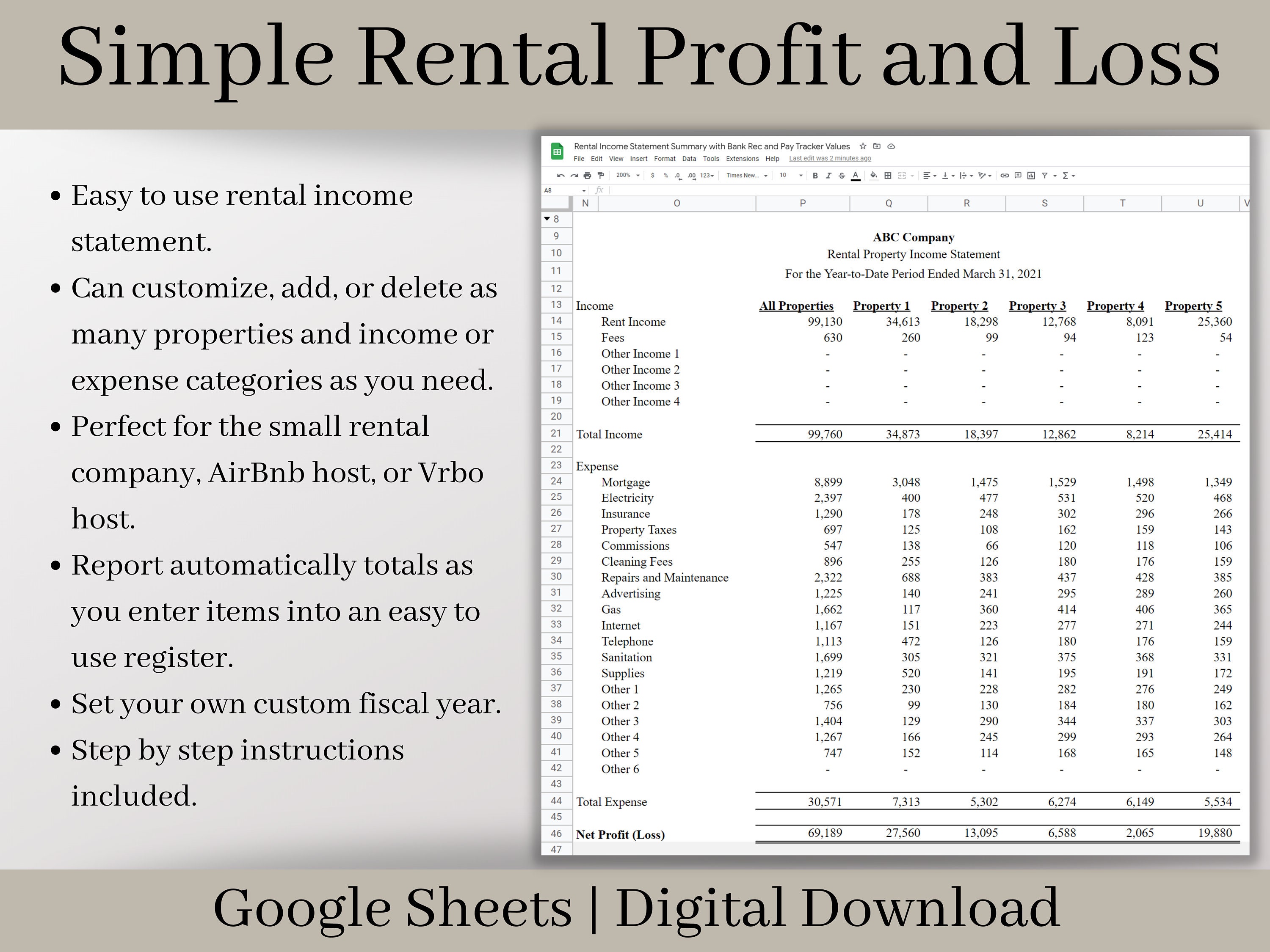 Rental Income Statement Spreadsheet: Airbnb, Vrbo Profit and Loss ...
