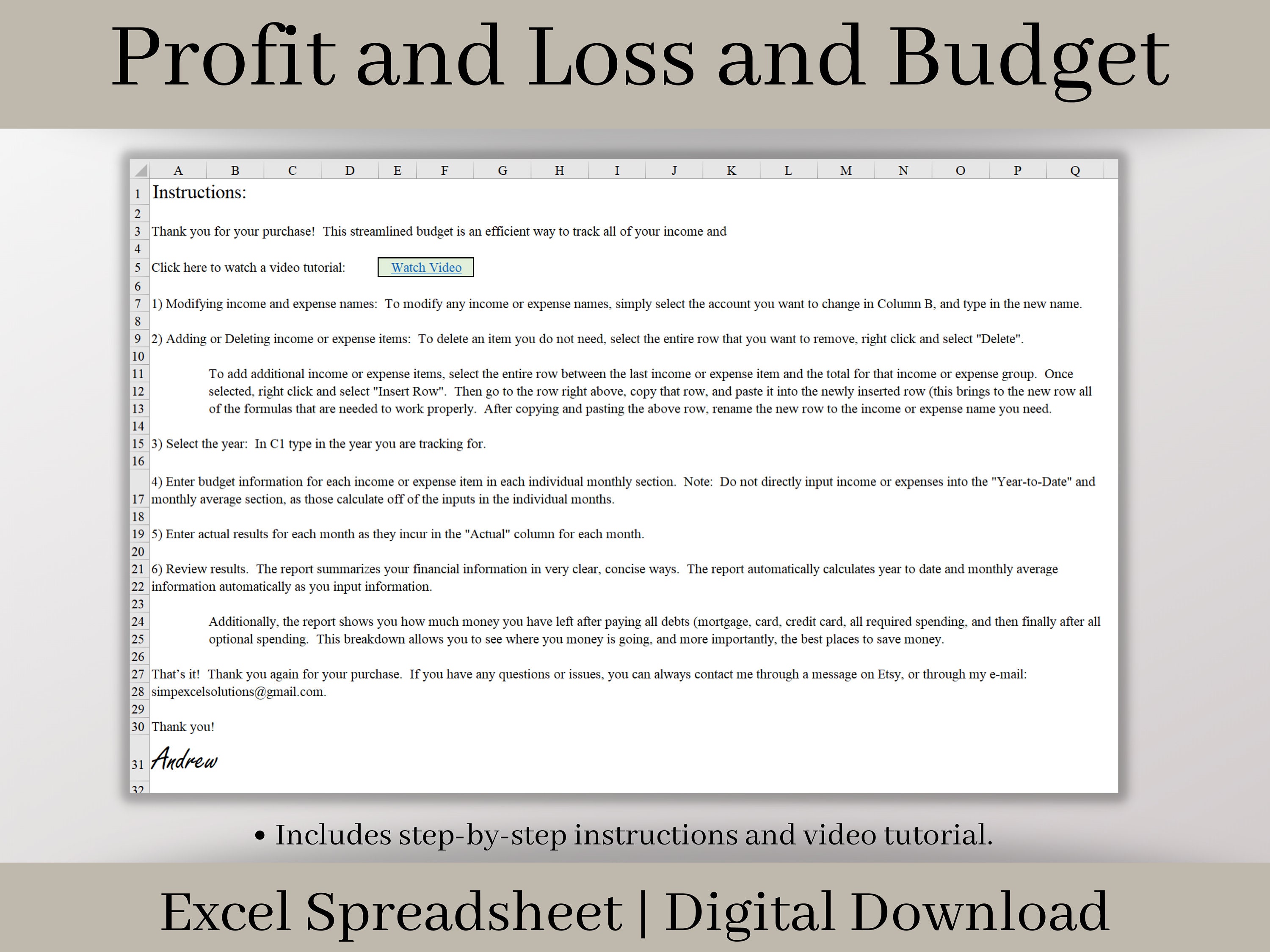 Profit and Loss and Monthly Budget Spreadsheet. Excel Spreadsheet ...