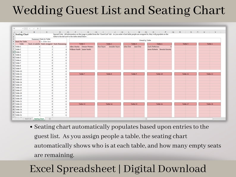 Wedding Guest List and Seating Chart Spreadsheet, Excel Template, Plan ...