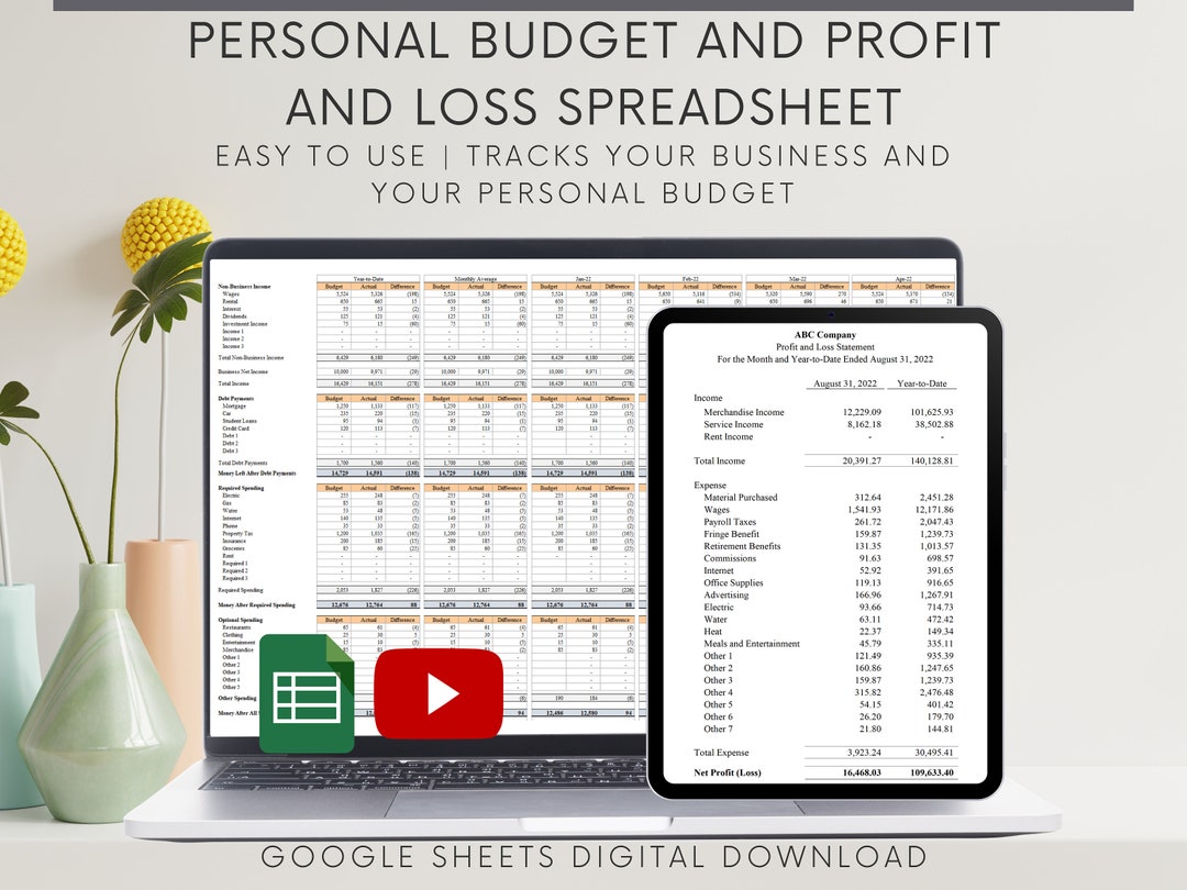 Profit and Loss and Monthly Budget Spreadsheet, Google Sheets, Track ...