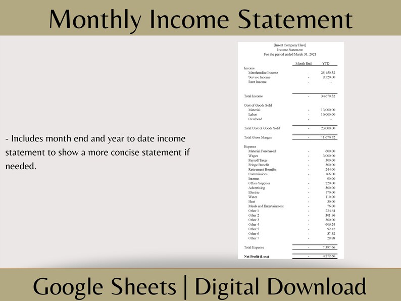 Monthly Income Statement Monthly Profit and Loss Easily | Etsy
