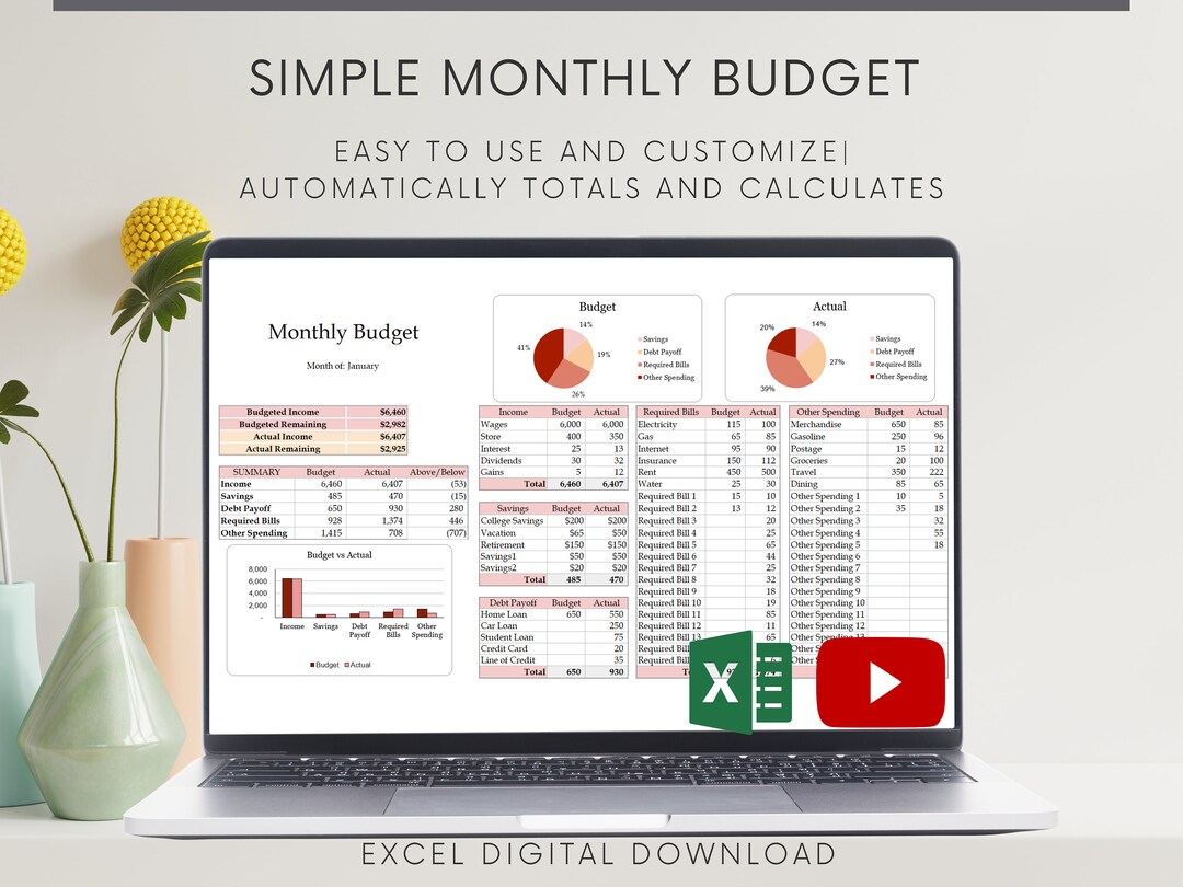 Monthly Budget Spreadsheet, Excel Planner Template, Easily Monitor Your ...