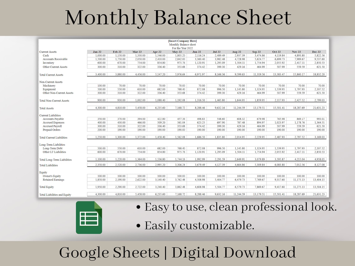 Monthly Balance Sheet, Fillable Google Sheets Template, Track Your ...