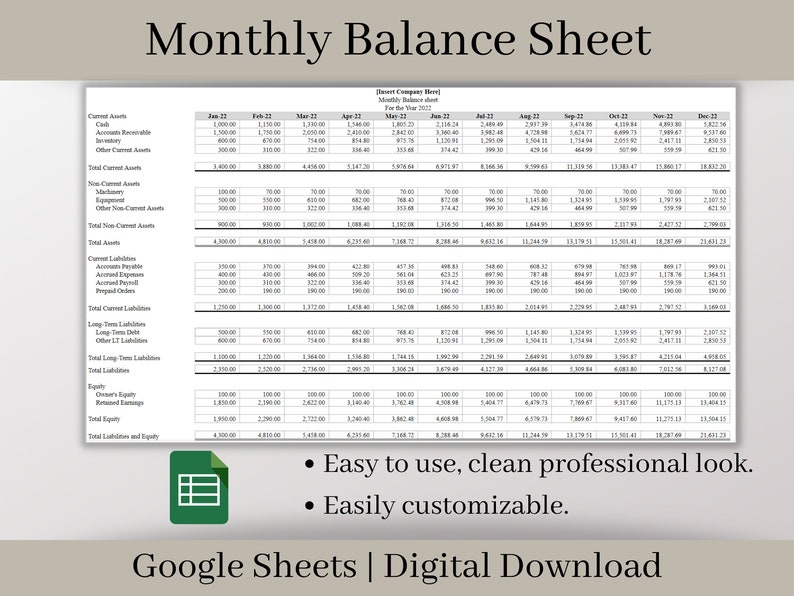 Monthly Balance Sheet, Fillable Google Sheets Template, Track Your ...