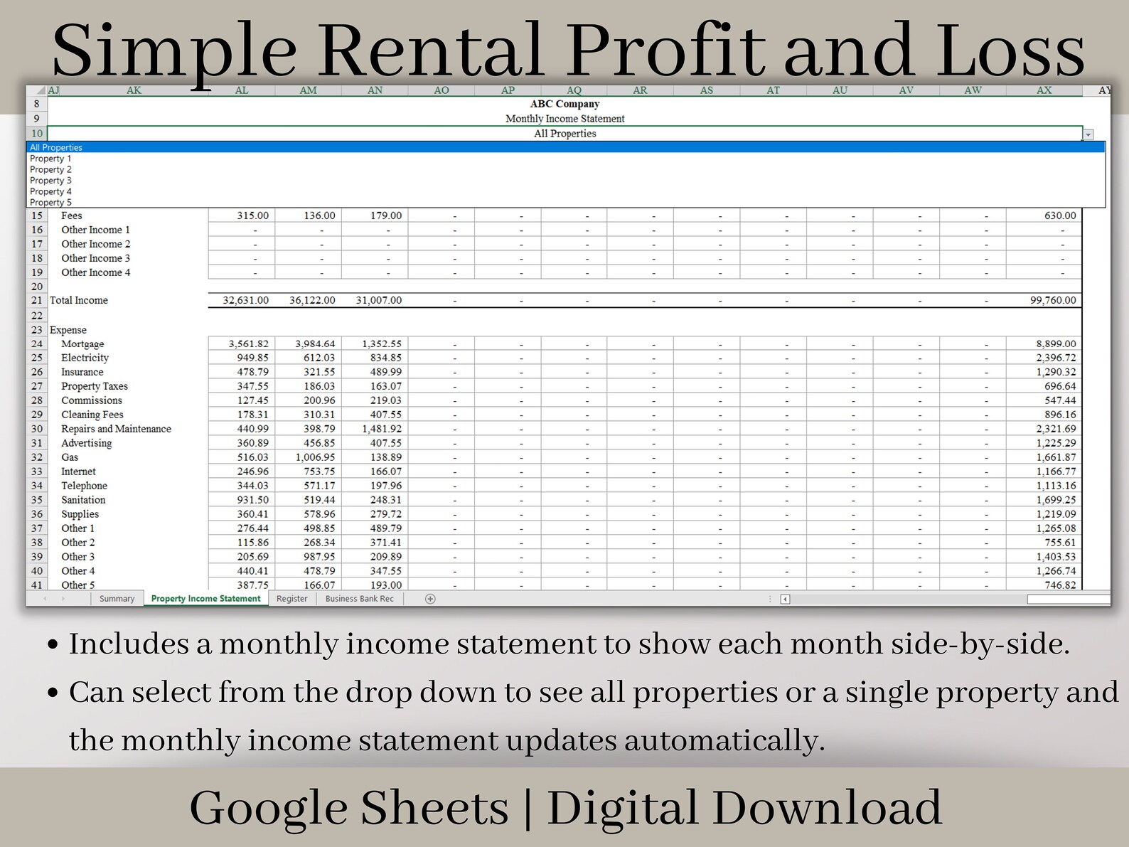 Rental Income Statement Excel Template: Landlord Profit and Loss ...
