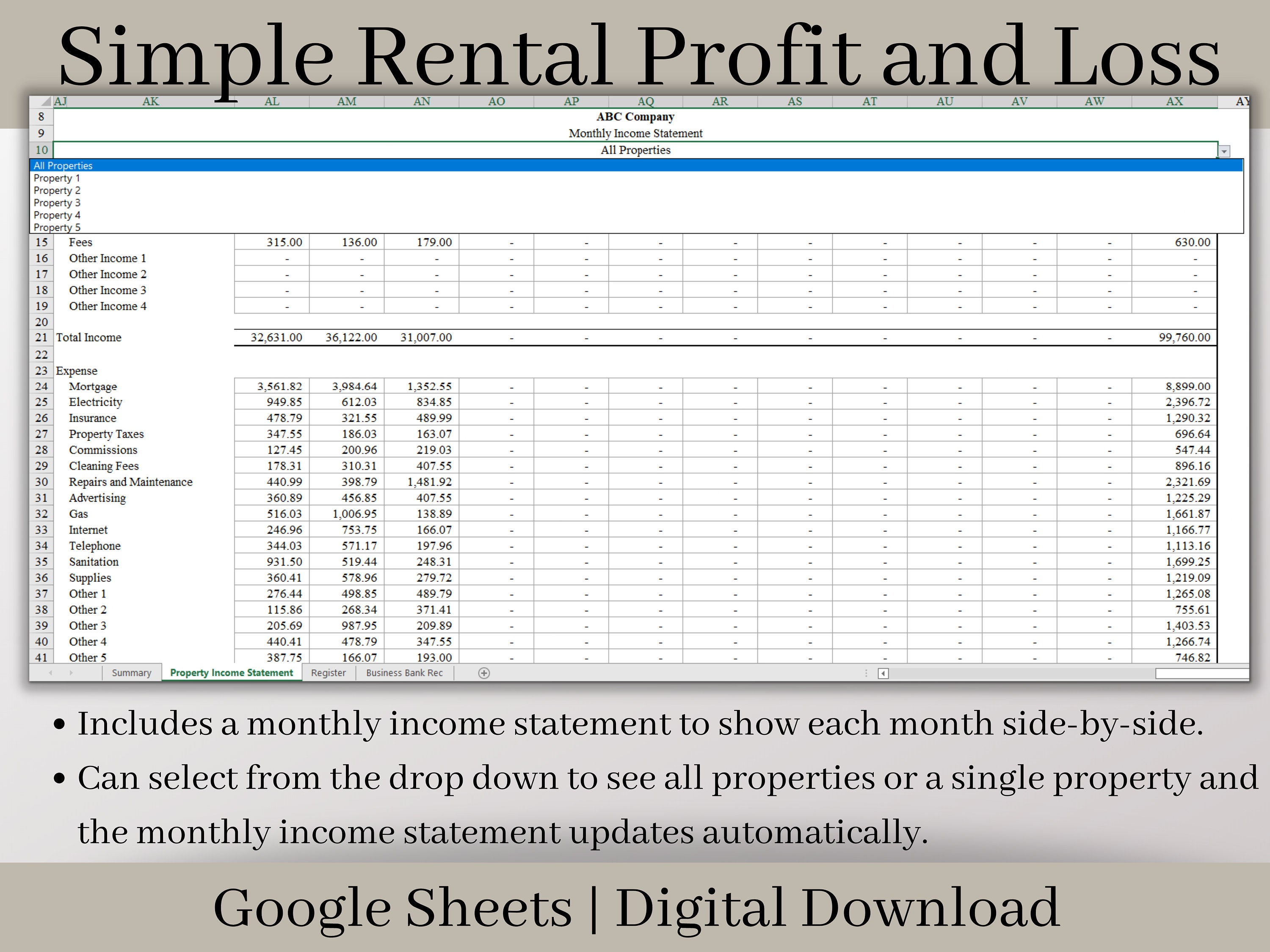 Rental Income Statement Spreadsheet and Bank Reconciliation Tool, Excel ...