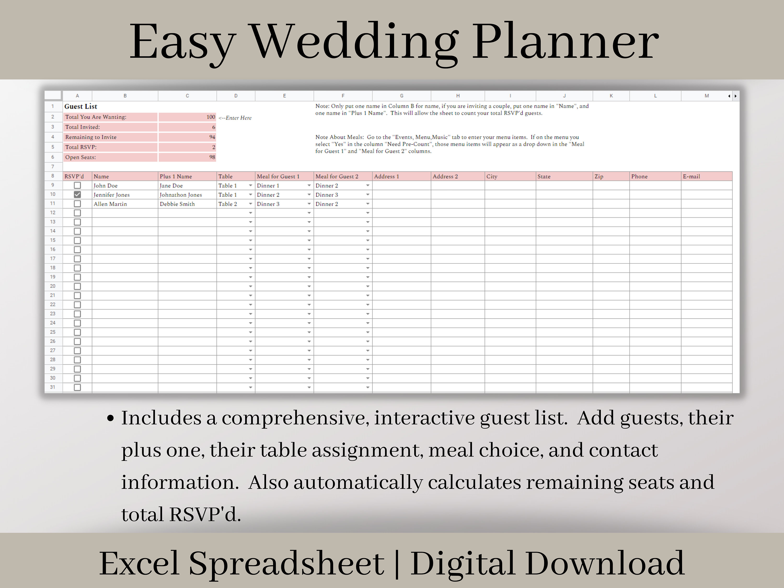 Easy Wedding Planner, Excel Wedding Template, Wedding Budget ...