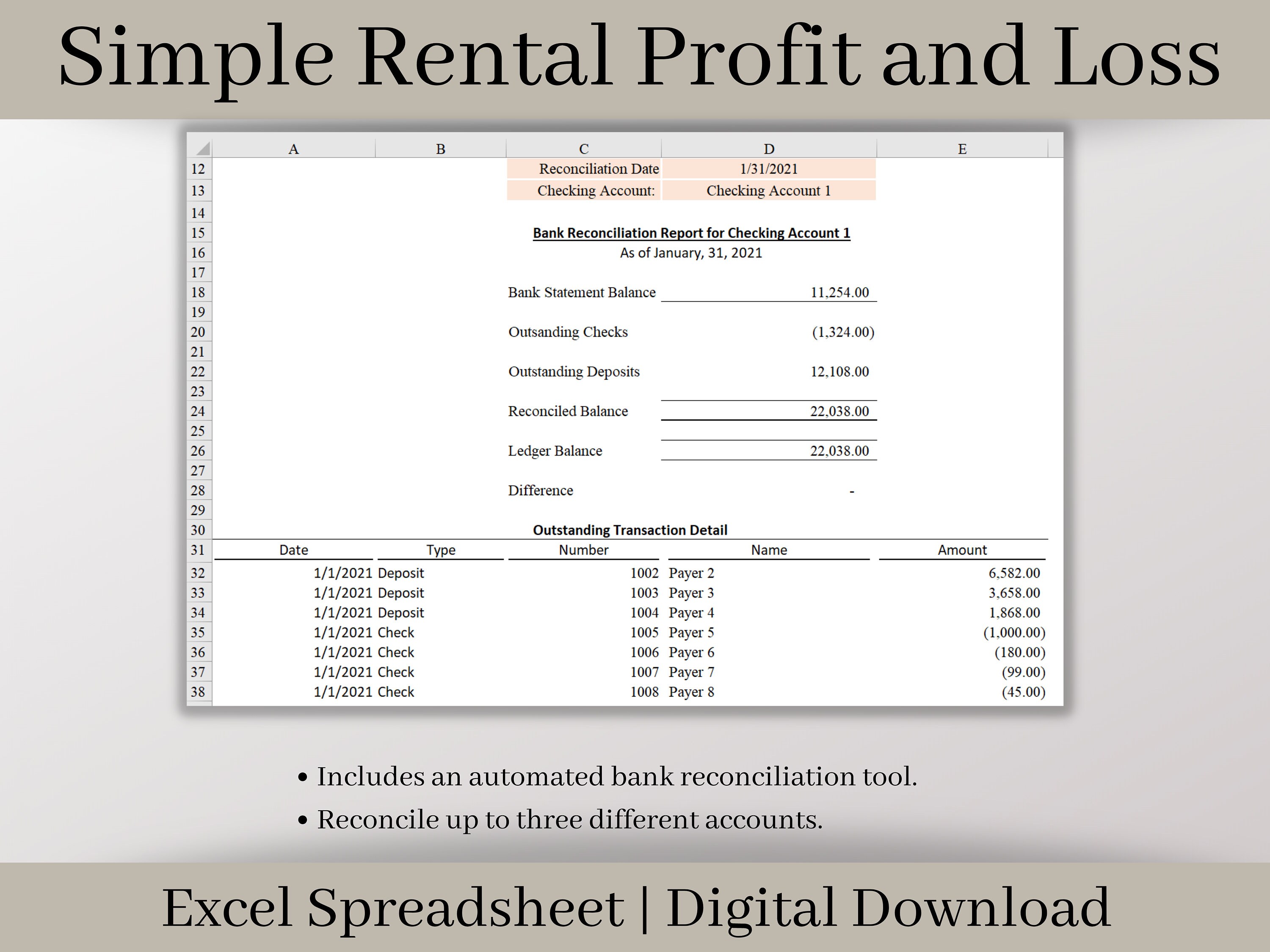Rental Income Statement Spreadsheet and Bank Reconciliation Tool, Excel ...