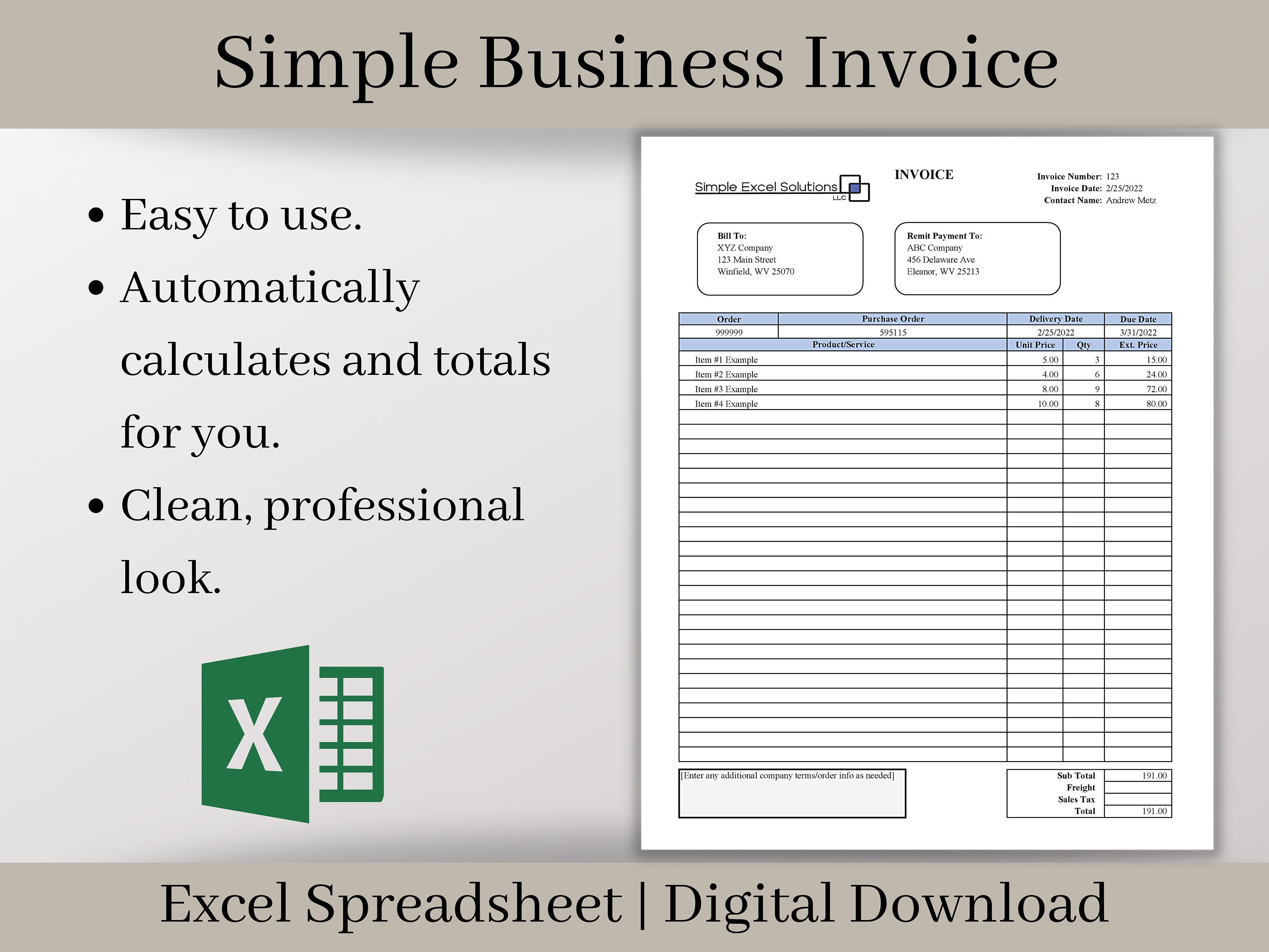 Easy Invoice Form, Excel Invoice Template, Professional Invoice ...