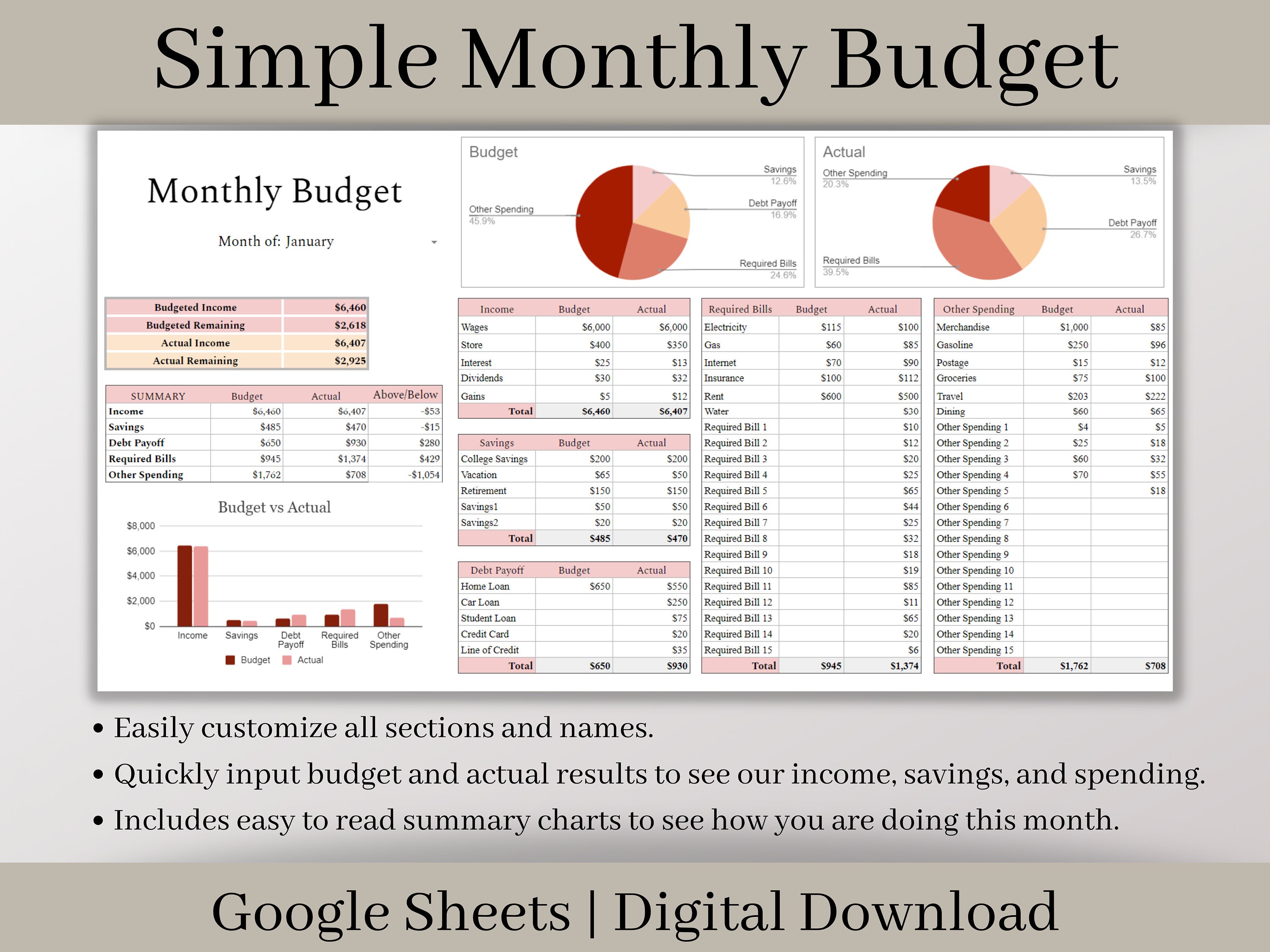 Monthly Budget Spreadsheet, Google Sheets Automated Budget Planner ...