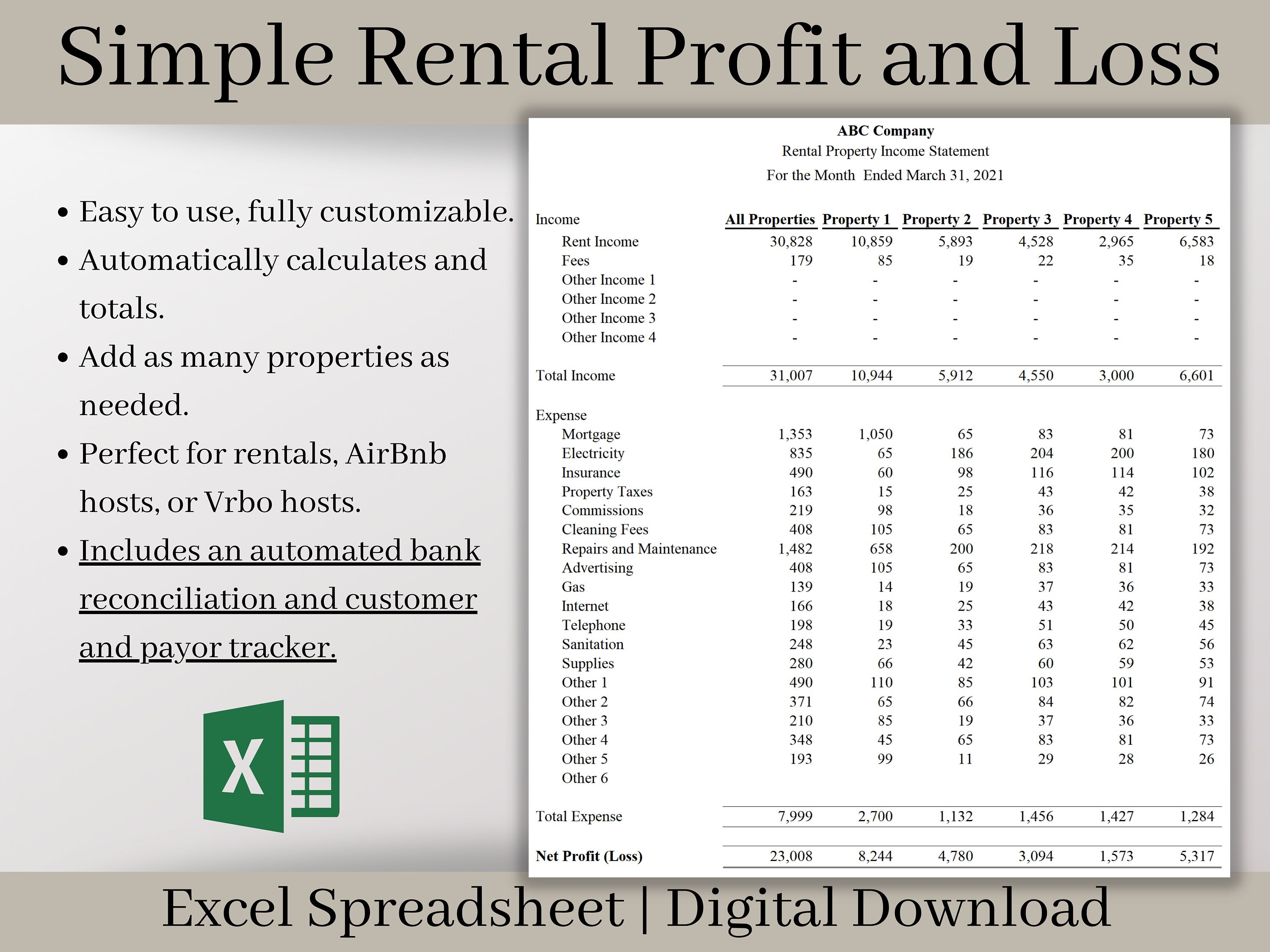 Rental Income Statement Spreadsheet and Bank Reconciliation - Etsy