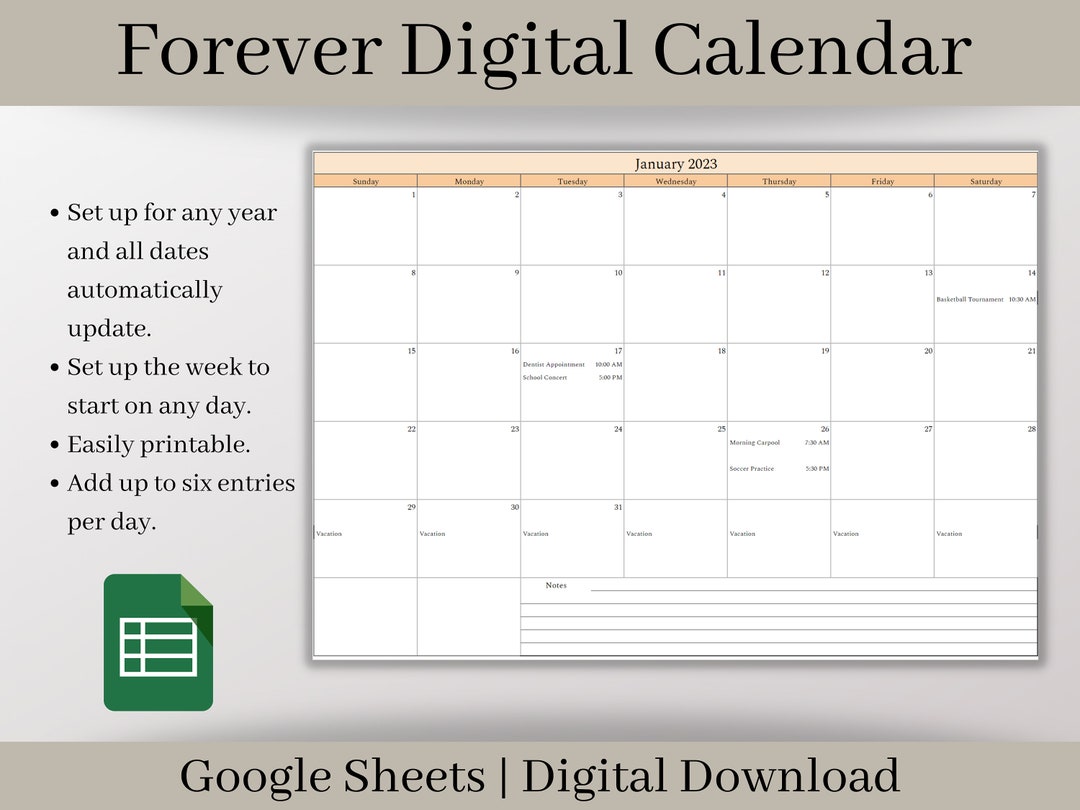 Forever Digital Calendar, Google Sheets Digital Planner Template, Use ...