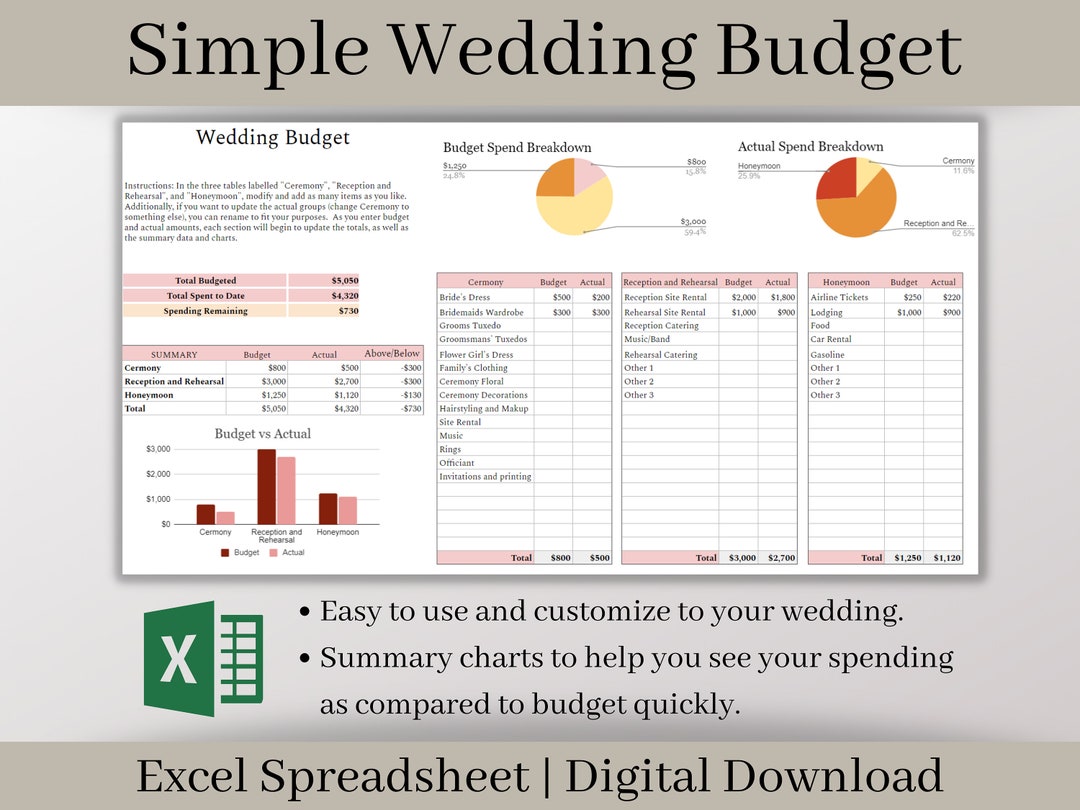 Wedding Budget Planner, Excel Spreadsheet, Easy to Use Digital Wedding ...