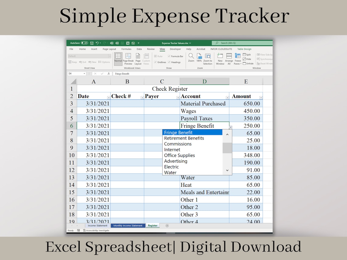 Simple Expense Tracker, Excel Template, Automatically Calculates and ...