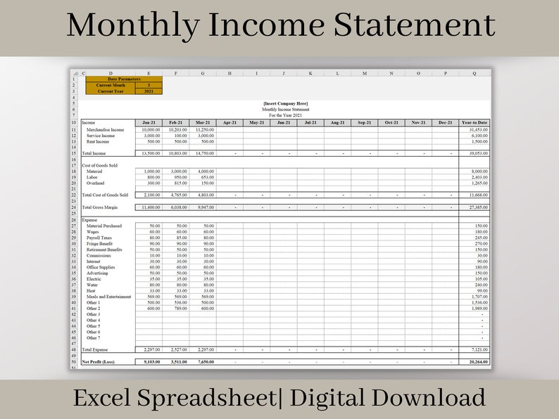 Monthly Income Statement Excel Template: Fillable Profit and Loss ...