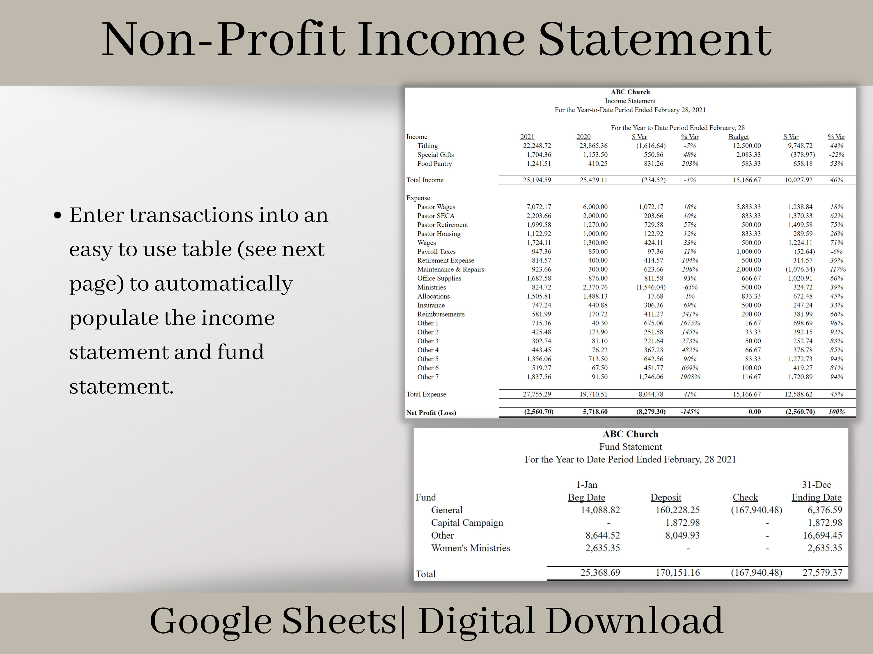 Non-profit Income Statement Google Sheet: Charity & Church Accounting ...