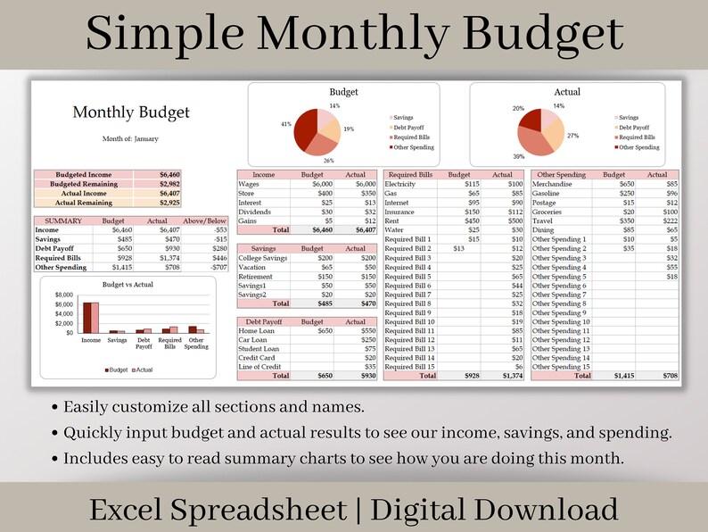 Monthly Budget Spreadsheet, Excel Automated Budget Planner Template ...