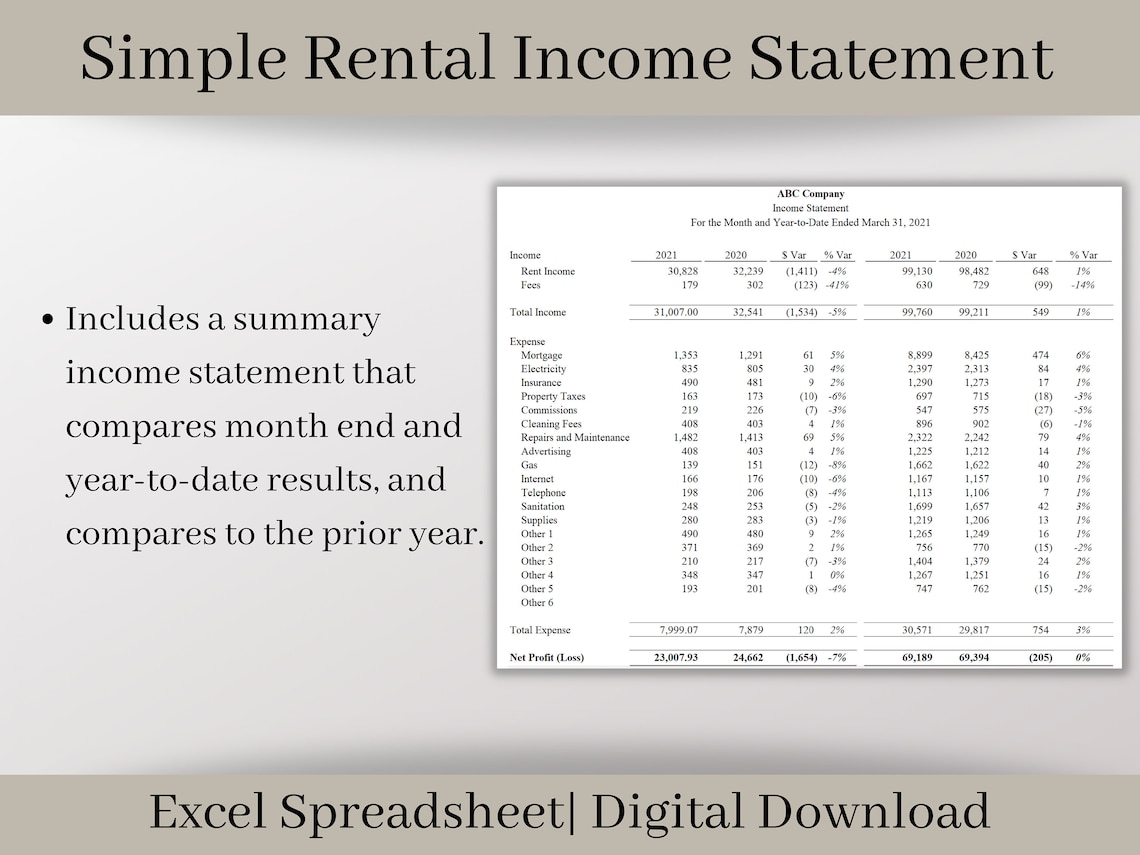 Rental Property Income Statement Excel Template: Landlord Profit & Loss ...