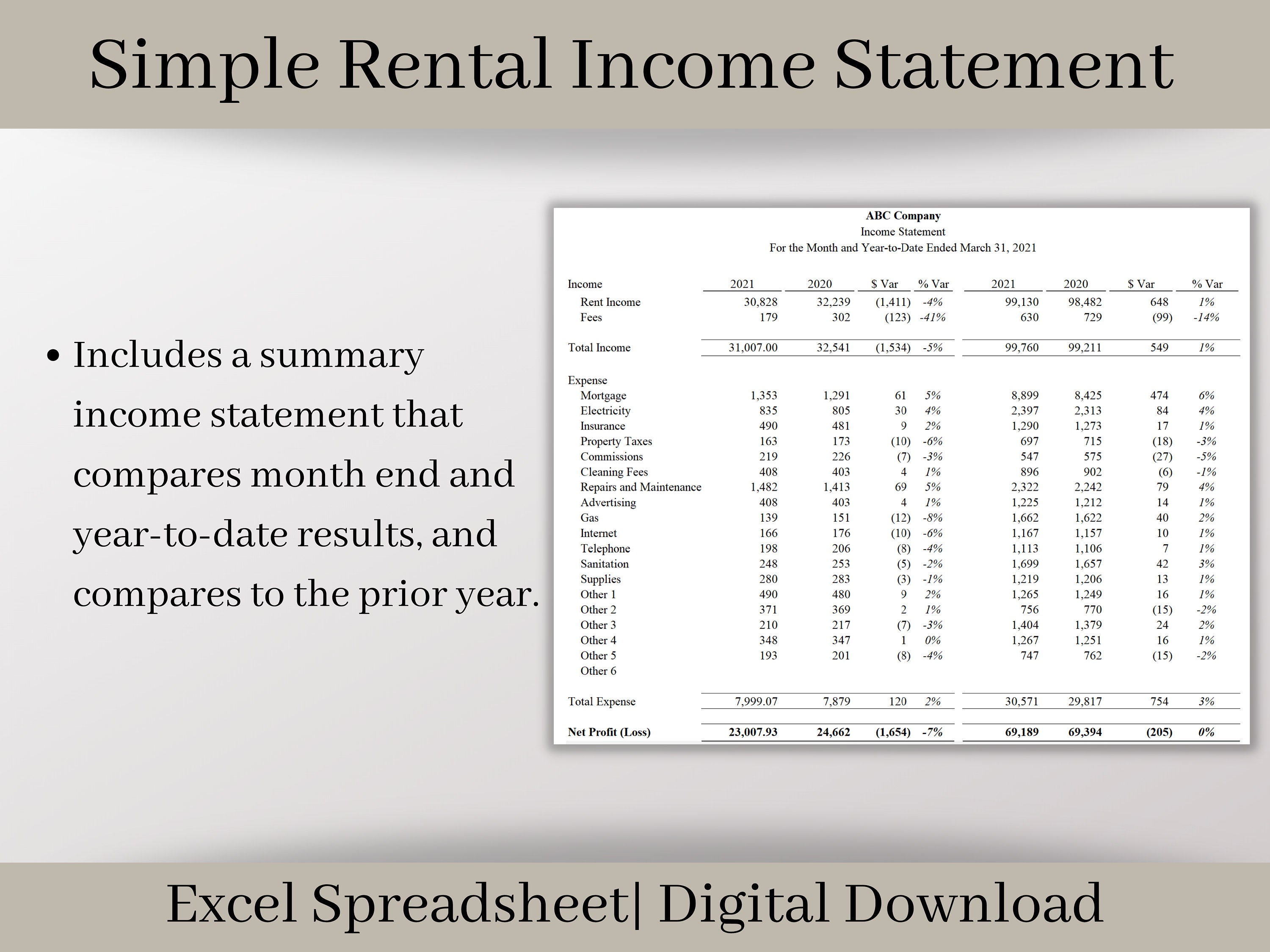 Rental Income Statement Spreadsheet, Landlords Template for Excel ...