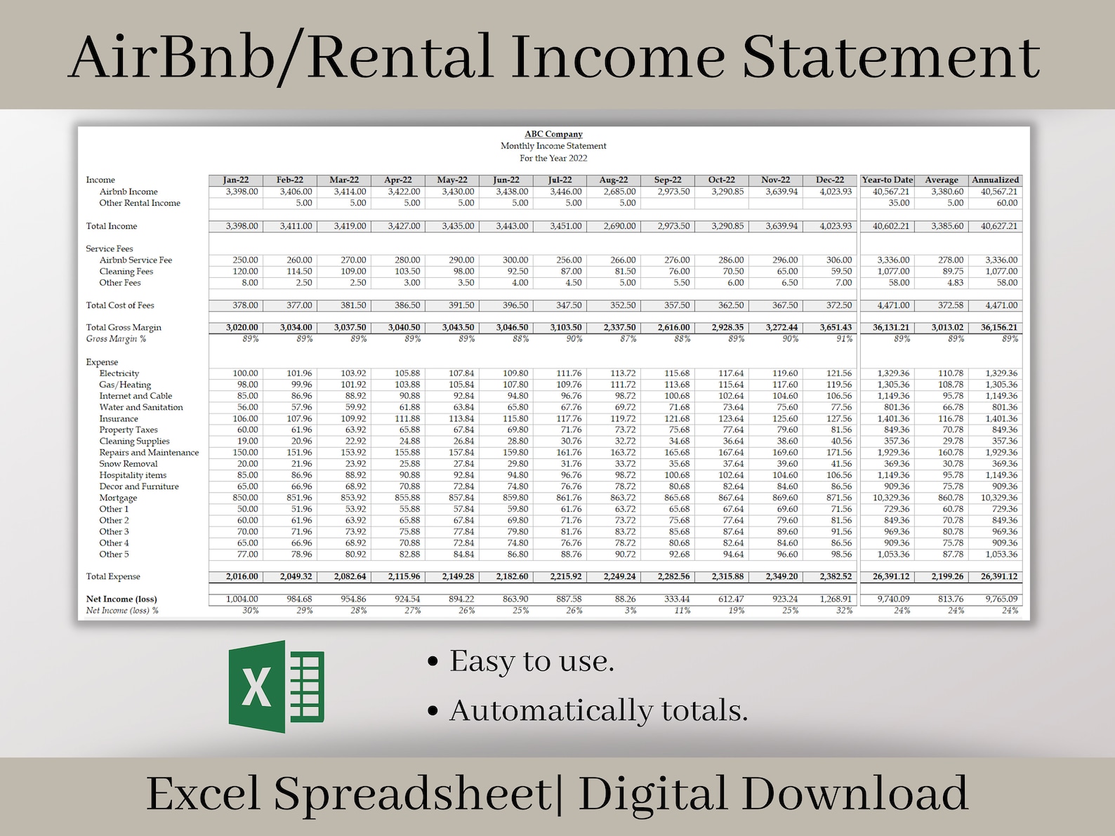 Airbnb Rental Income Statement Excel Template Spreadsheet Track Monthly ...
