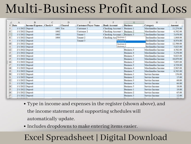 Multi-business Profit and Loss Spreadsheet, Excel Small Business ...