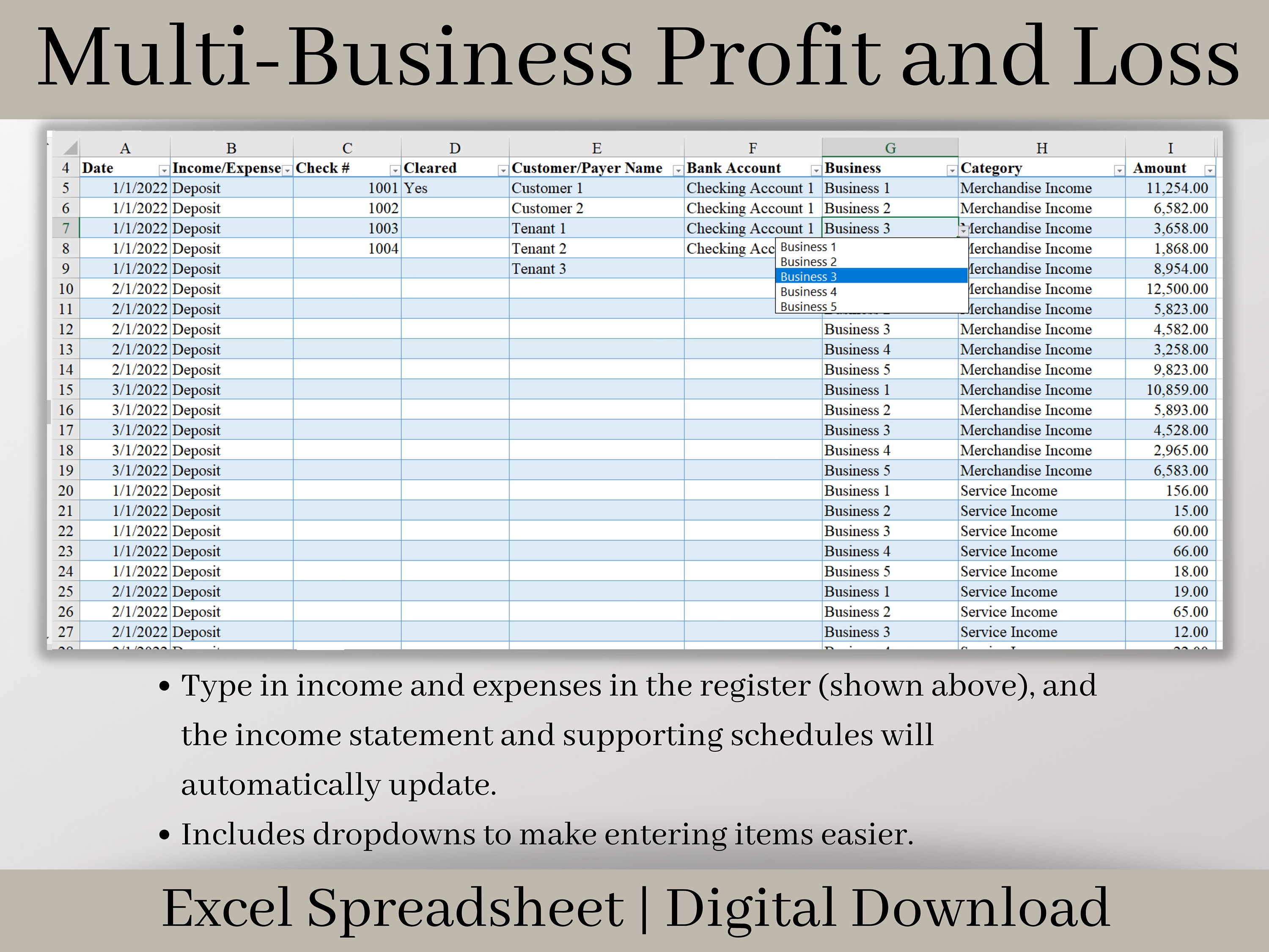 Multi-business Profit and Loss Spreadsheet, Excel Small Business ...
