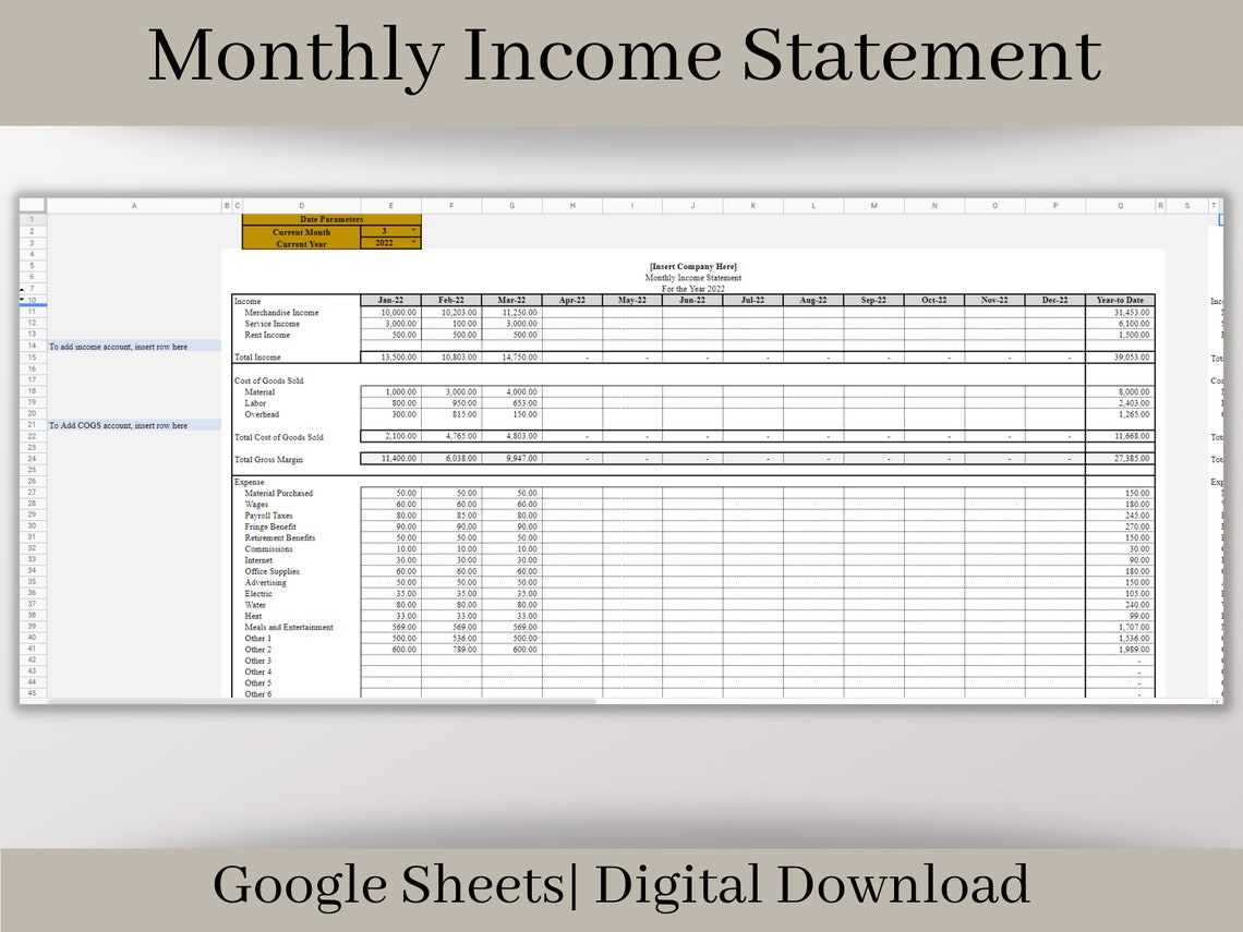 Monthly Income Statement, Monthly Profit and Loss, Easily Fillable and ...