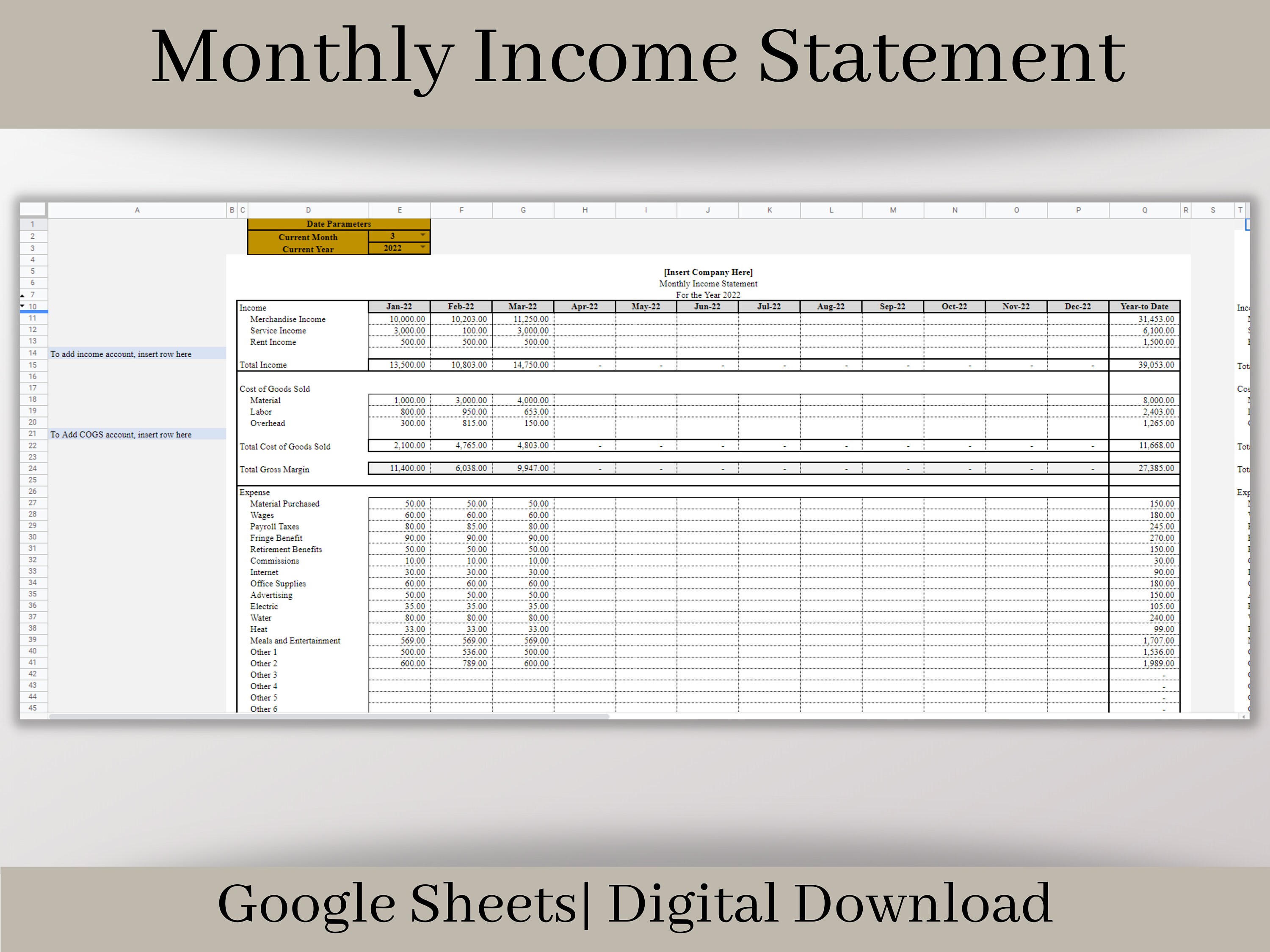 Monthly Income Statement, Monthly Profit and Loss, Easily Fillable and ...