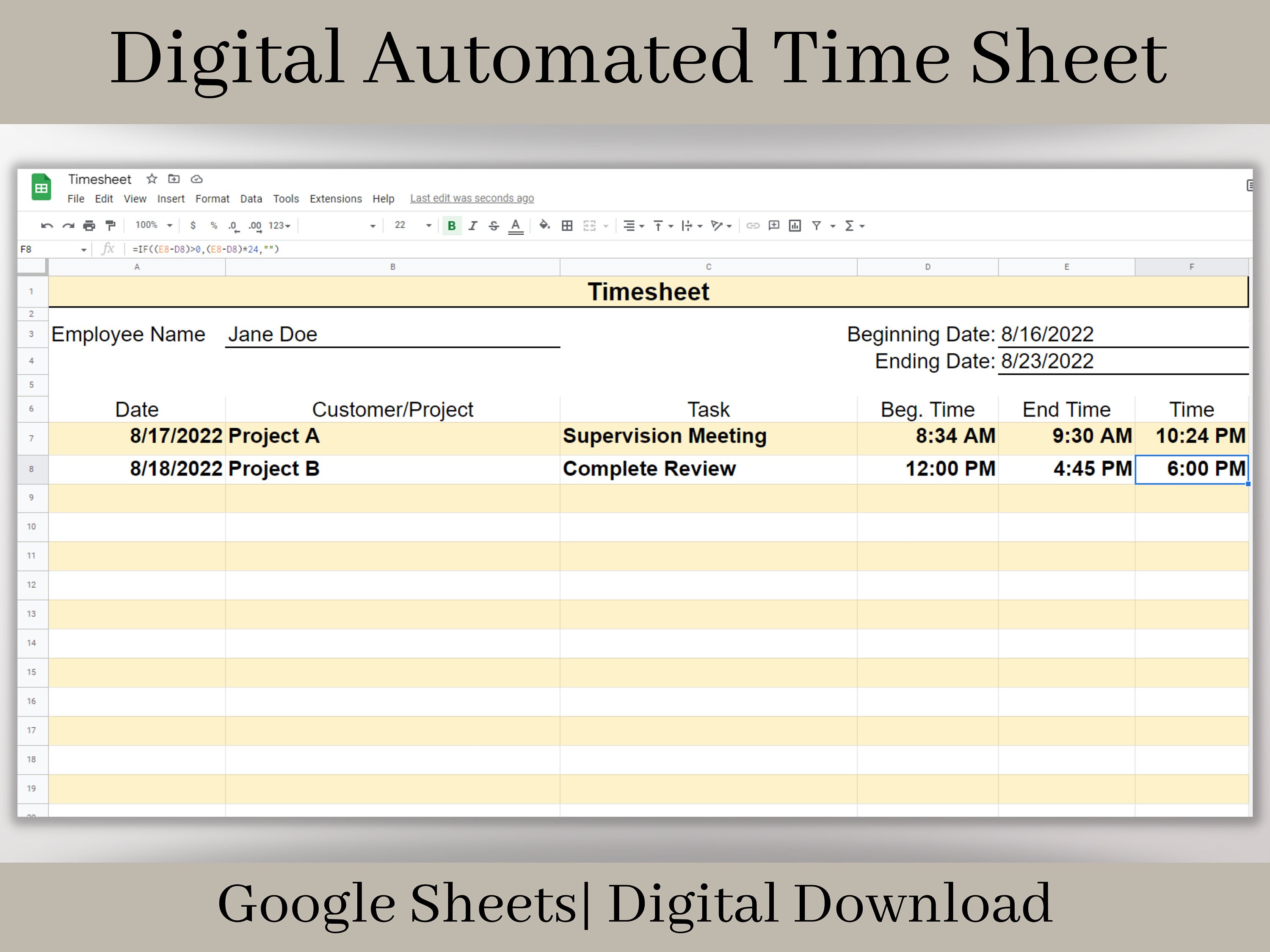 Simple Time Tracker, Google Sheets Template, PDF Printouts Included ...