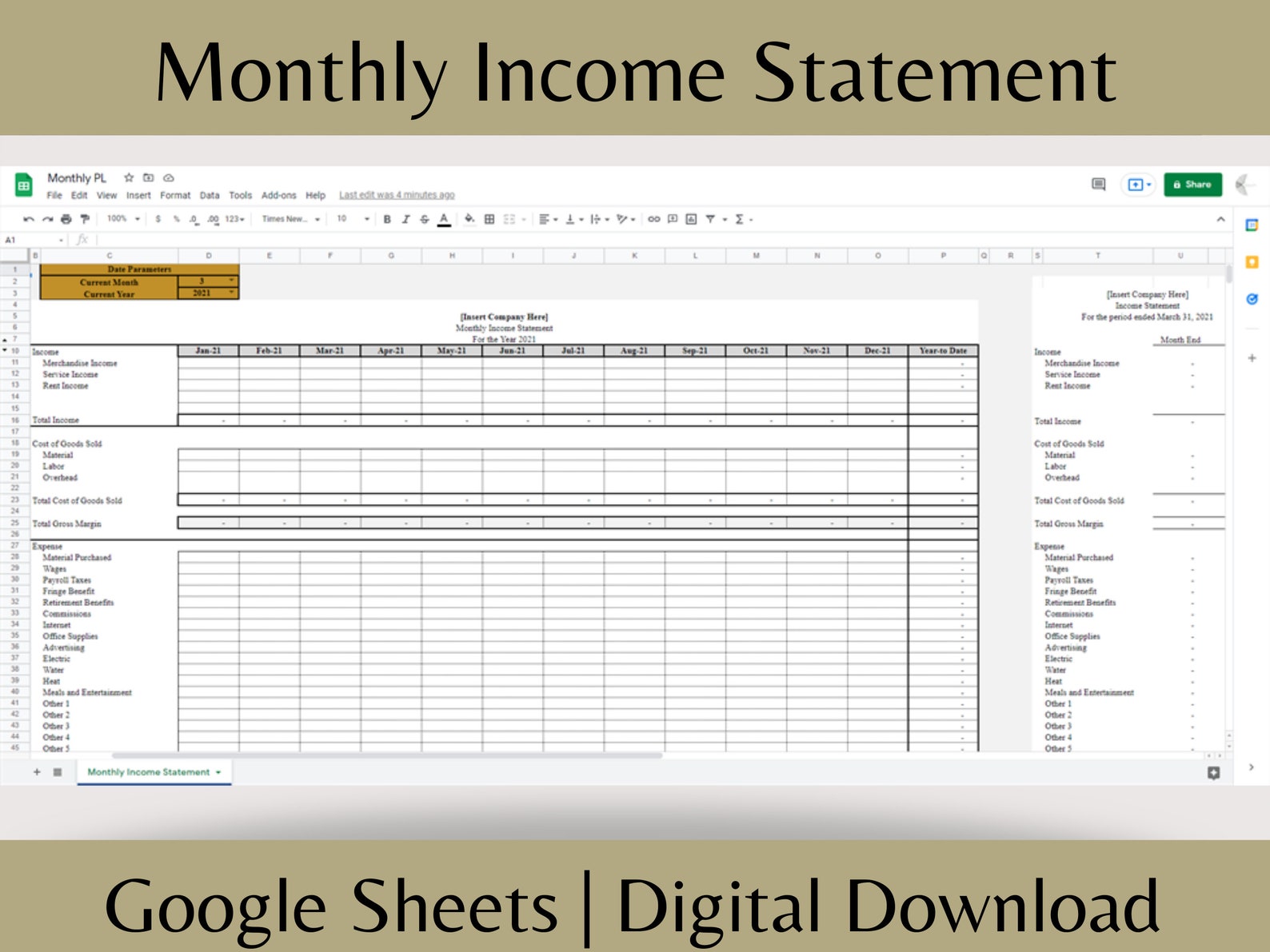 Monthly Income Statement Monthly Profit and Loss Easily | Etsy
