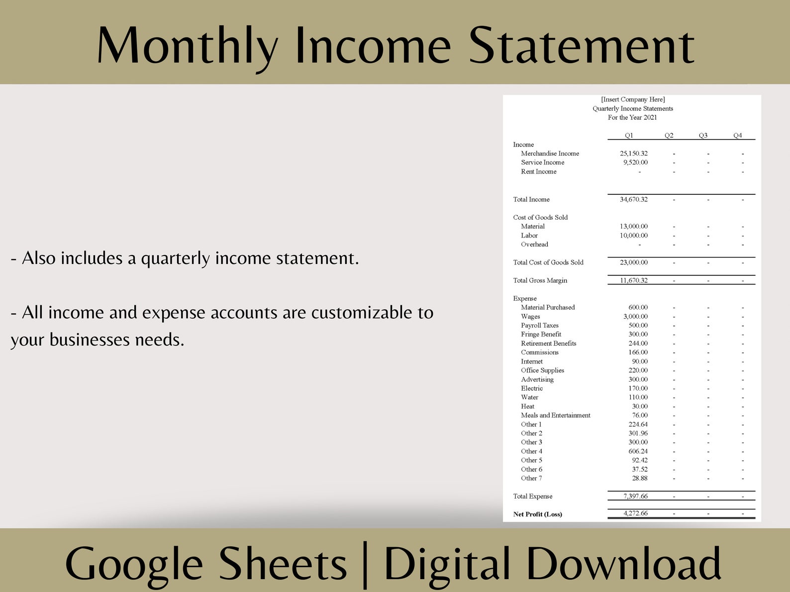 Monthly Income Statement Monthly Profit and Loss Easily | Etsy