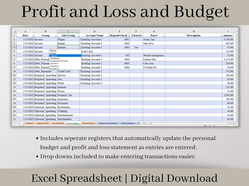 Profit and Loss and Monthly Budget Spreadsheet Excel - Etsy