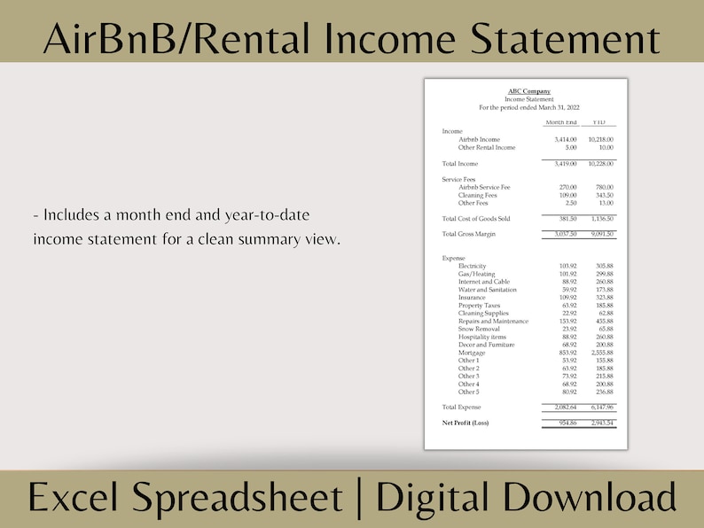 Airbnb Rental Income Statement Excel Template Spreadsheet - Etsy