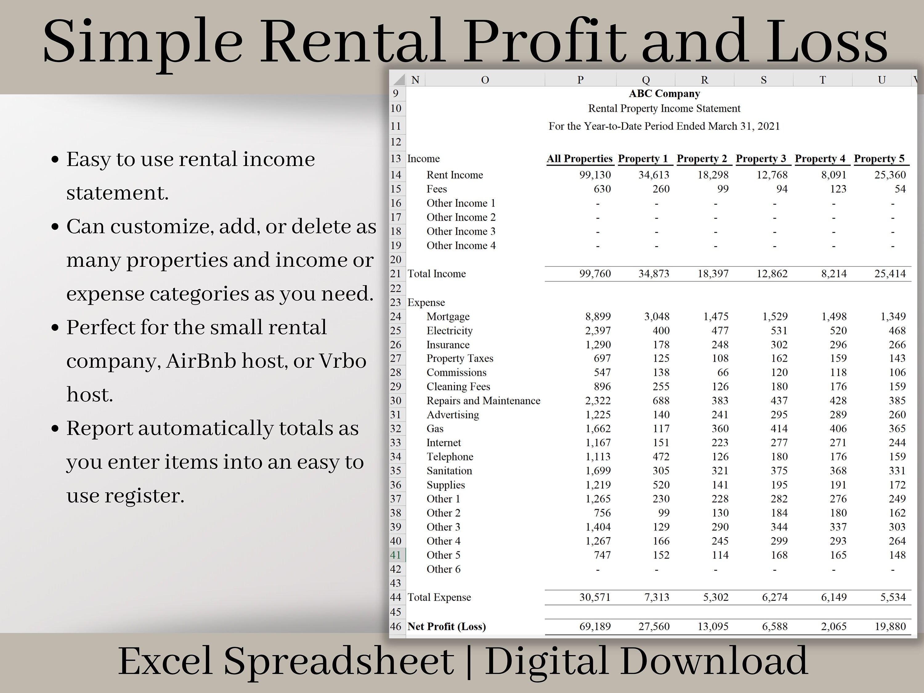Rental Income Statement Spreadsheet Excel Landlord Template - Etsy
