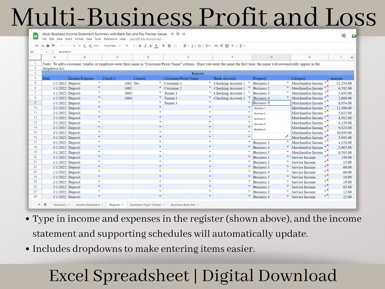 Multi-business Profit and Loss Spreadsheet, Google Sheets Small ...