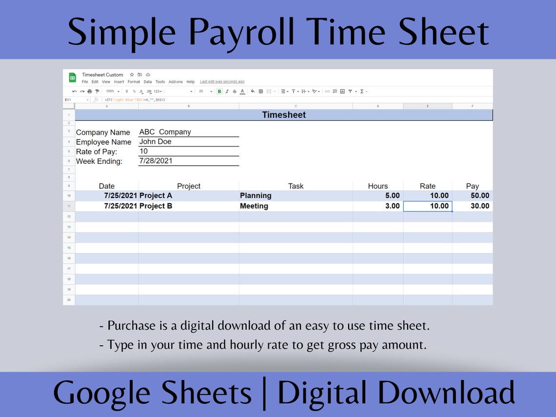 Payroll Time Sheet Easy to Use Employee Time Card Report - Etsy
