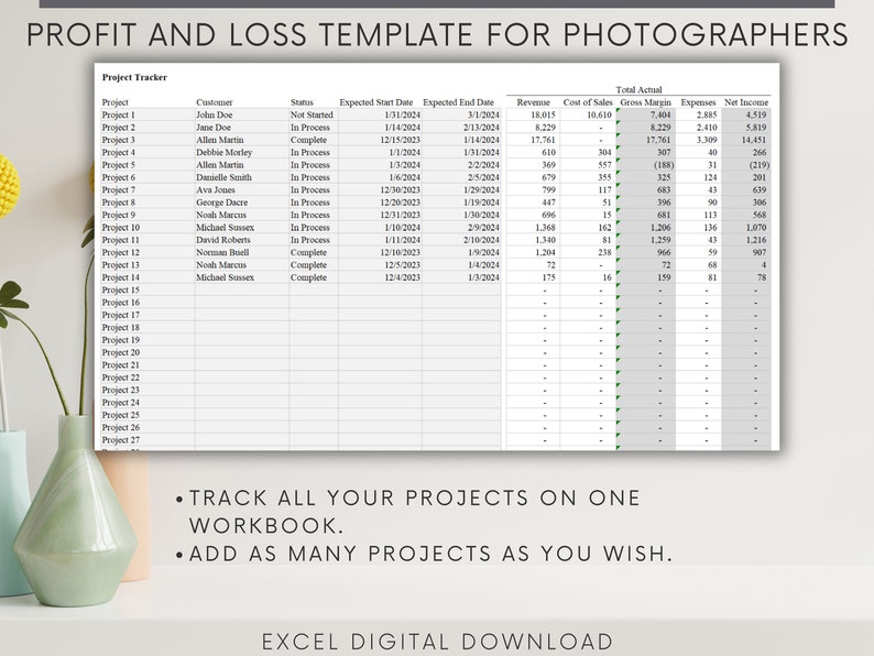 Photographer's Profit and Loss Excel Template: Project Management ...