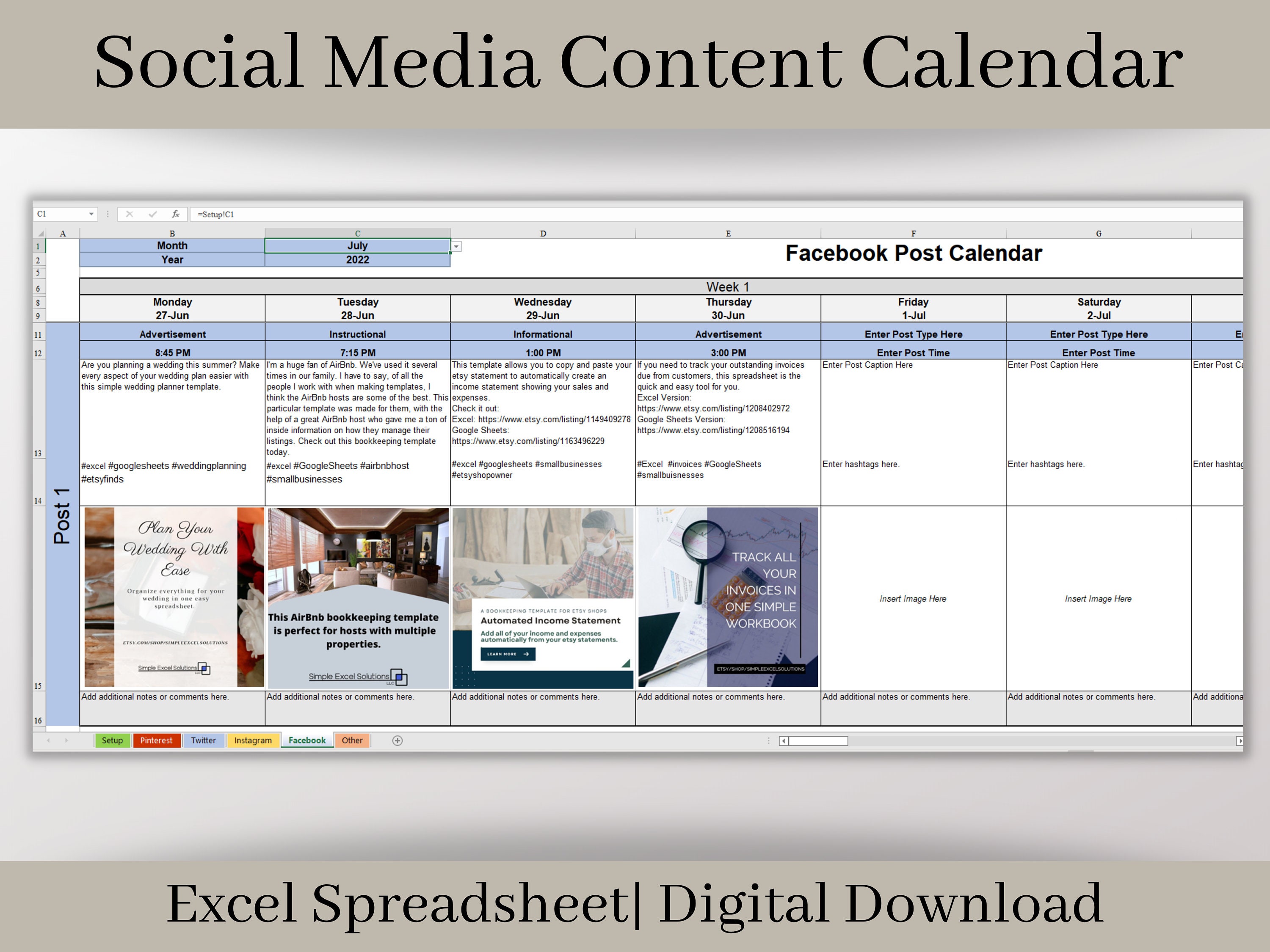 Social Media Content Calendar: Excel Planner for Facebook, Instagram ...