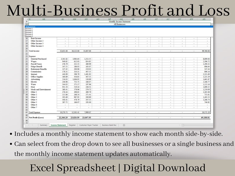 Multi-business Profit and Loss Spreadsheet, Excel Small Business ...