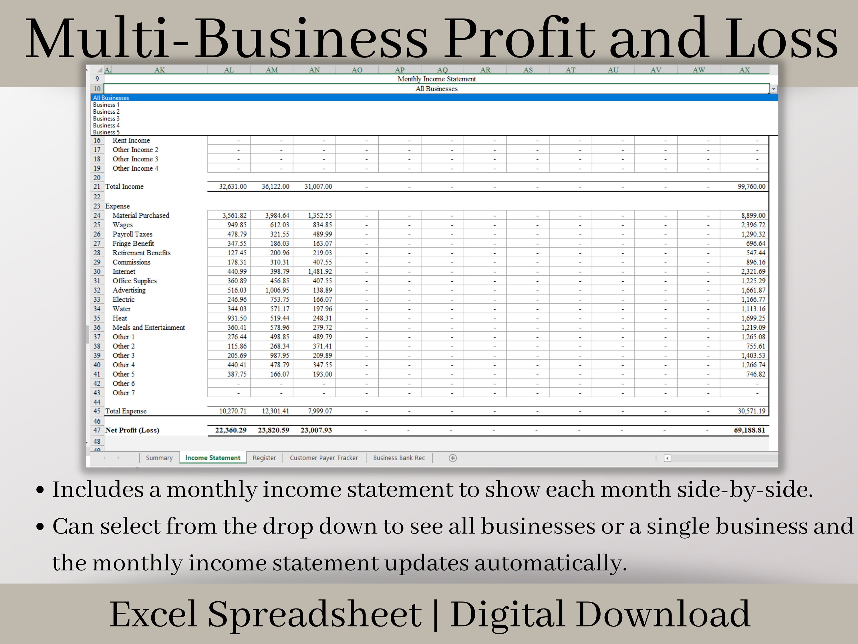 Multi-business Profit and Loss Spreadsheet, Excel Small Business ...