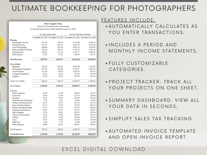 Photographer Bookkeeping Excel Template: Profit and Loss, Invoice ...